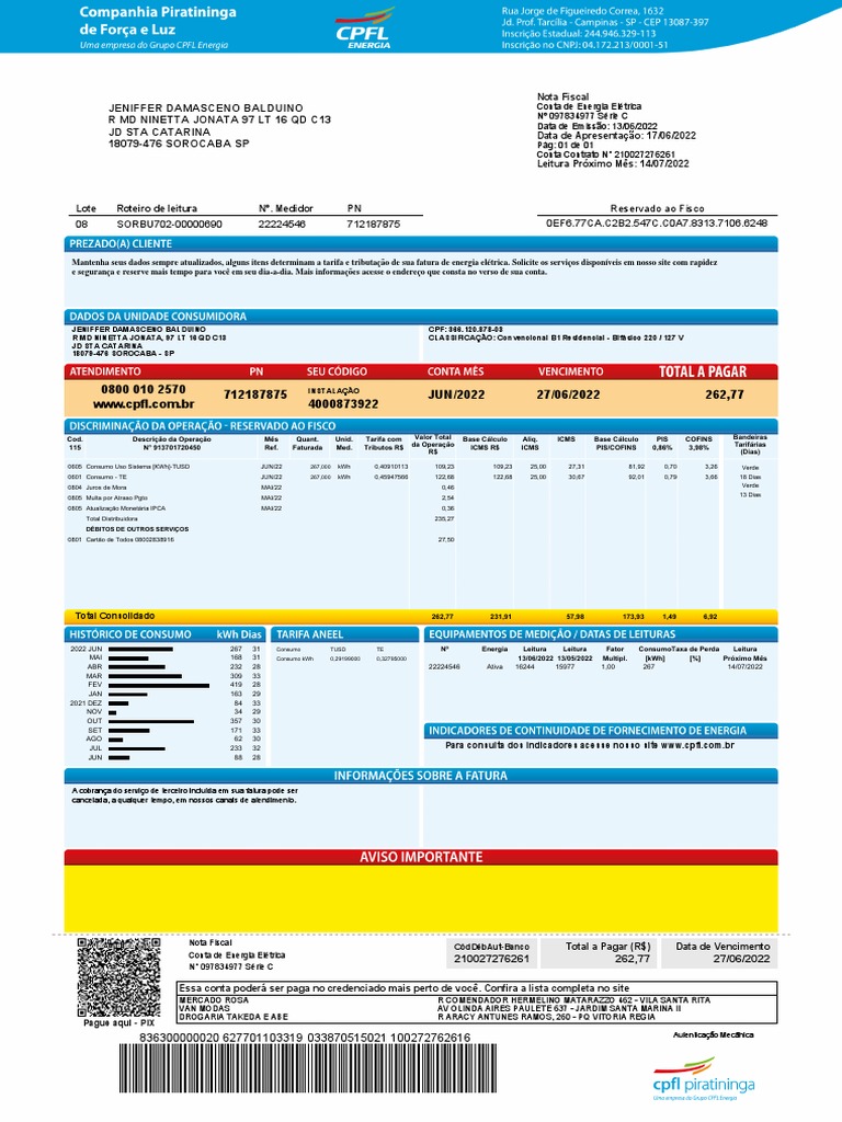 Nota Fiscal de Conta de Energia Elétrica com Detalhamento do Consumo e Valores a Pagar de uma ...