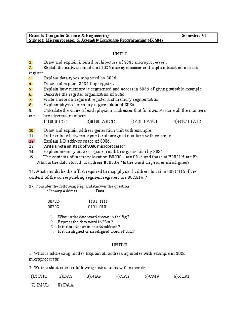 Branch: Computer Science & Engineering Semester: Vi Subject: Microprocessor & Assembly Language ...