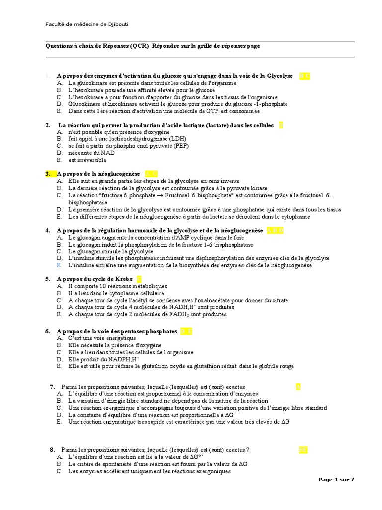 PCEM 1 Examen Blanc 2019 | PDF | Glycolyse | Enzyme