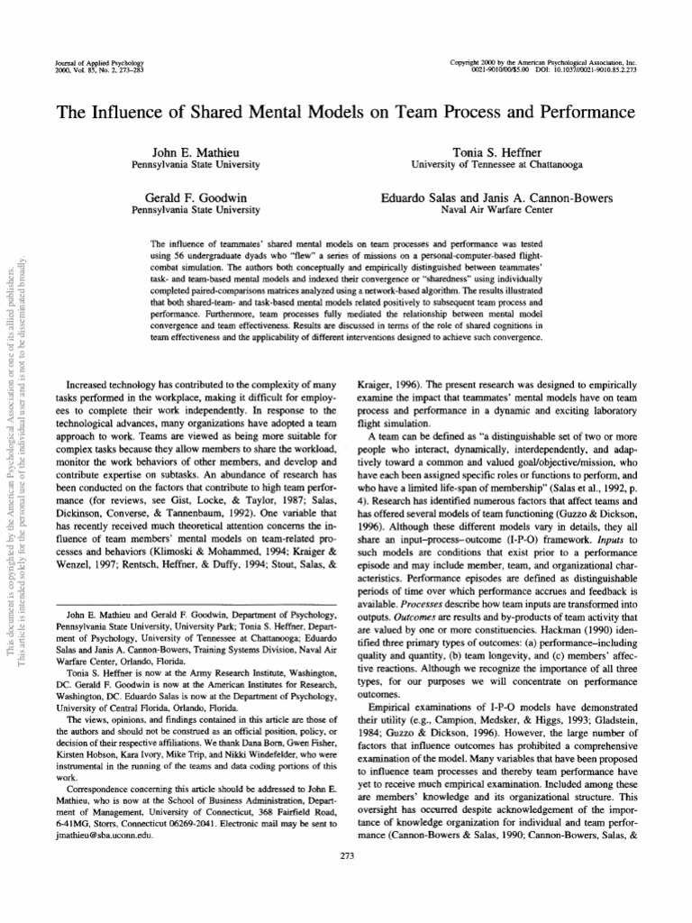 The Influence of Shared Mental Models On Team Process and Performance ...