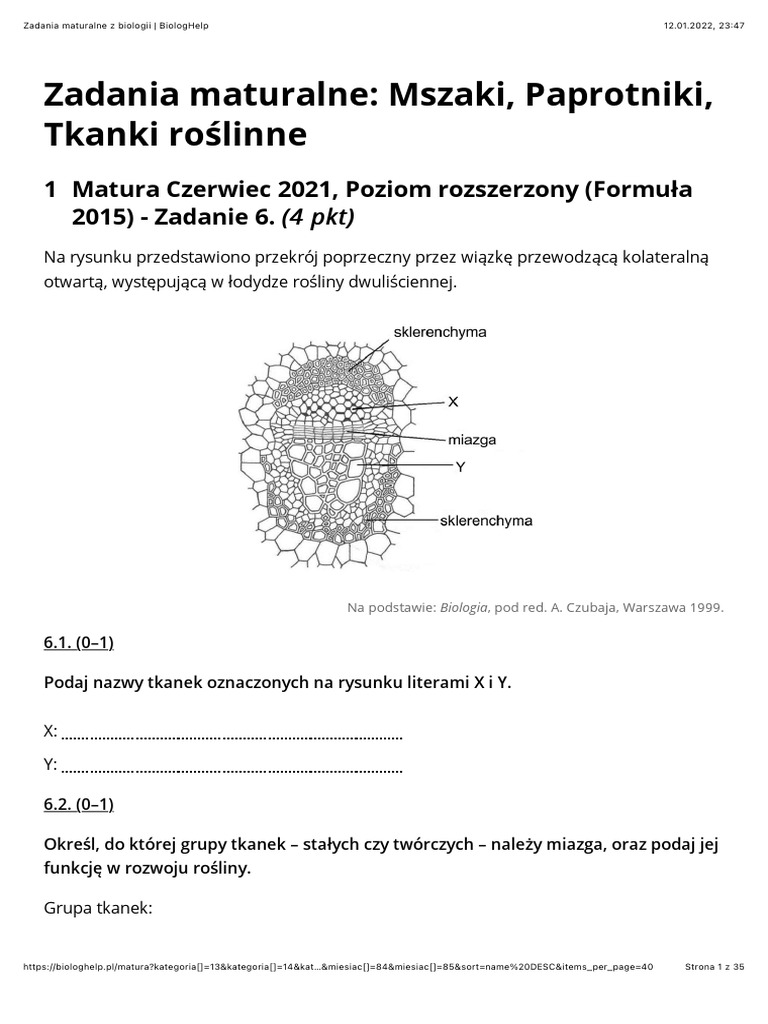 Zadania Maturalne - Mszaki, Paprotiniki, Tkanki Roślinne | PDF