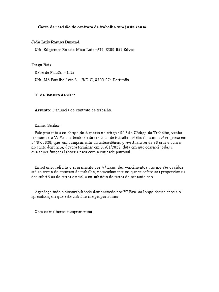 Carta de Rescisão de Contrato de Trabalho Sem Justa Causa | PDF