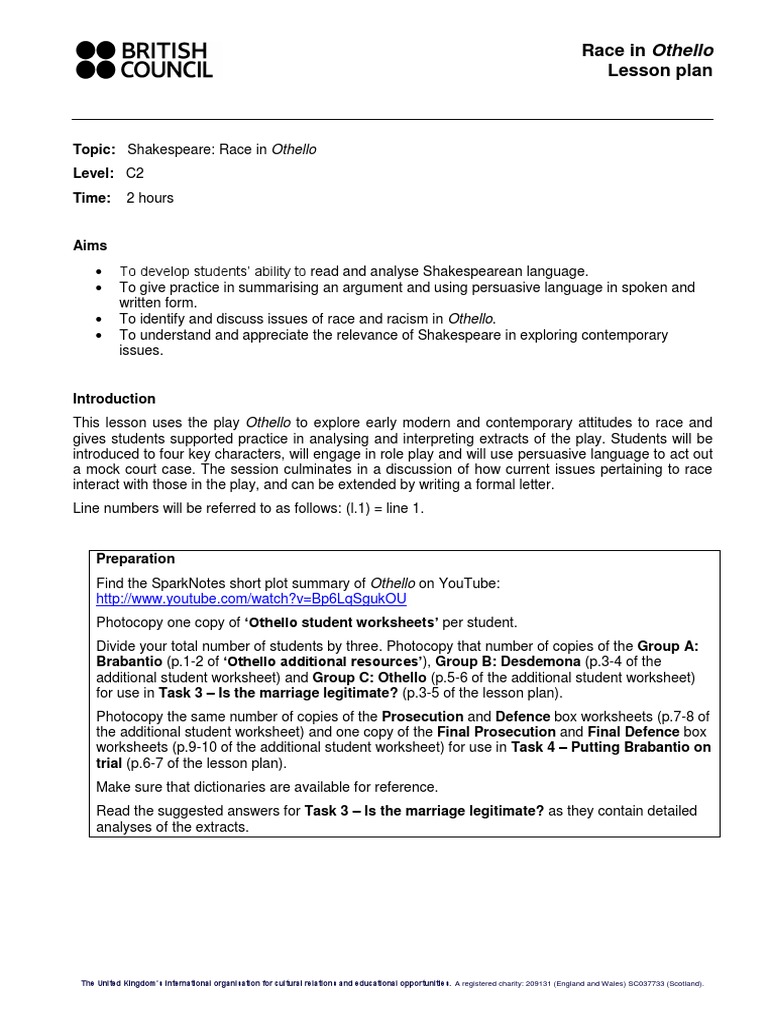 Othello Lesson Plan | PDF | Othello | Iago