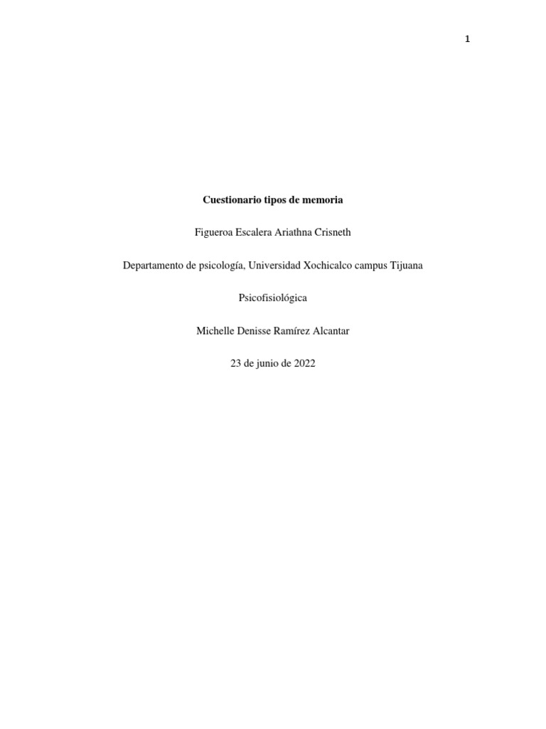 Cuestionario Tipos de Memoria p2 | PDF | Memoria | Sicología