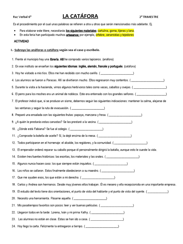 Ficha Virtual Anafora y Catafora 6° | PDF