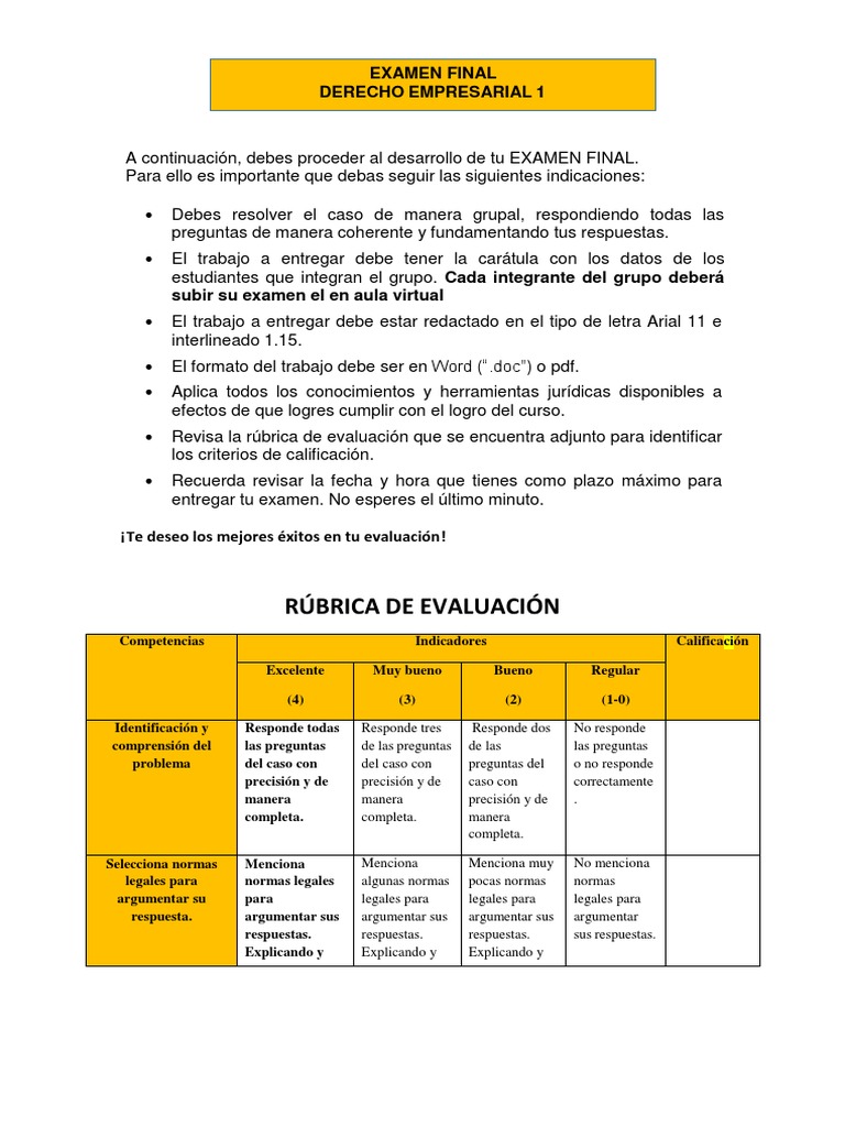 Rubrica de Examen Final | PDF | Prueba (evaluación) | Evaluación