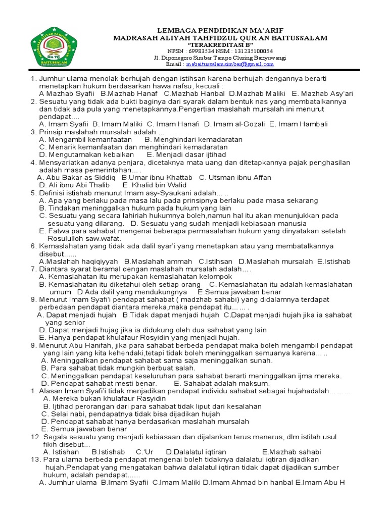 Soal Uas Ushul Fiqih Ls XI Ganjil | PDF