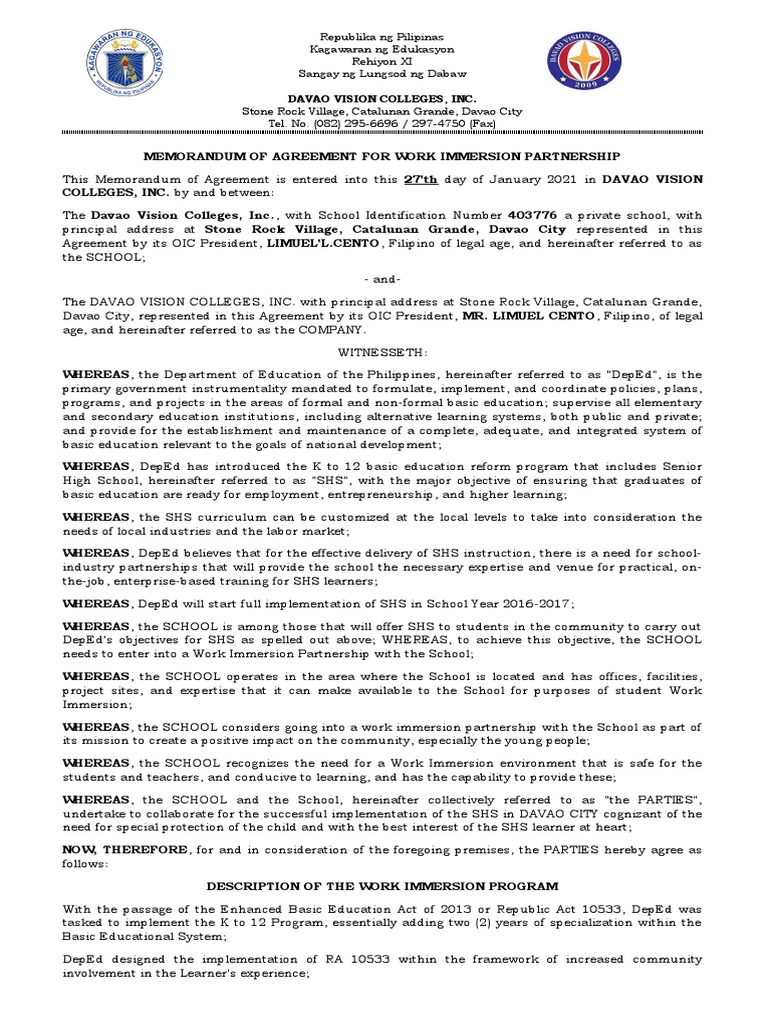 MOA Work Immersion DepEd | PDF | Curriculum | Intellectual Property