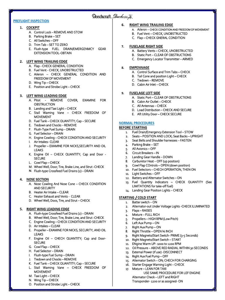 Beechcraft Duchess 76 Preflight Checklist | PDF | Carburetor | Throttle