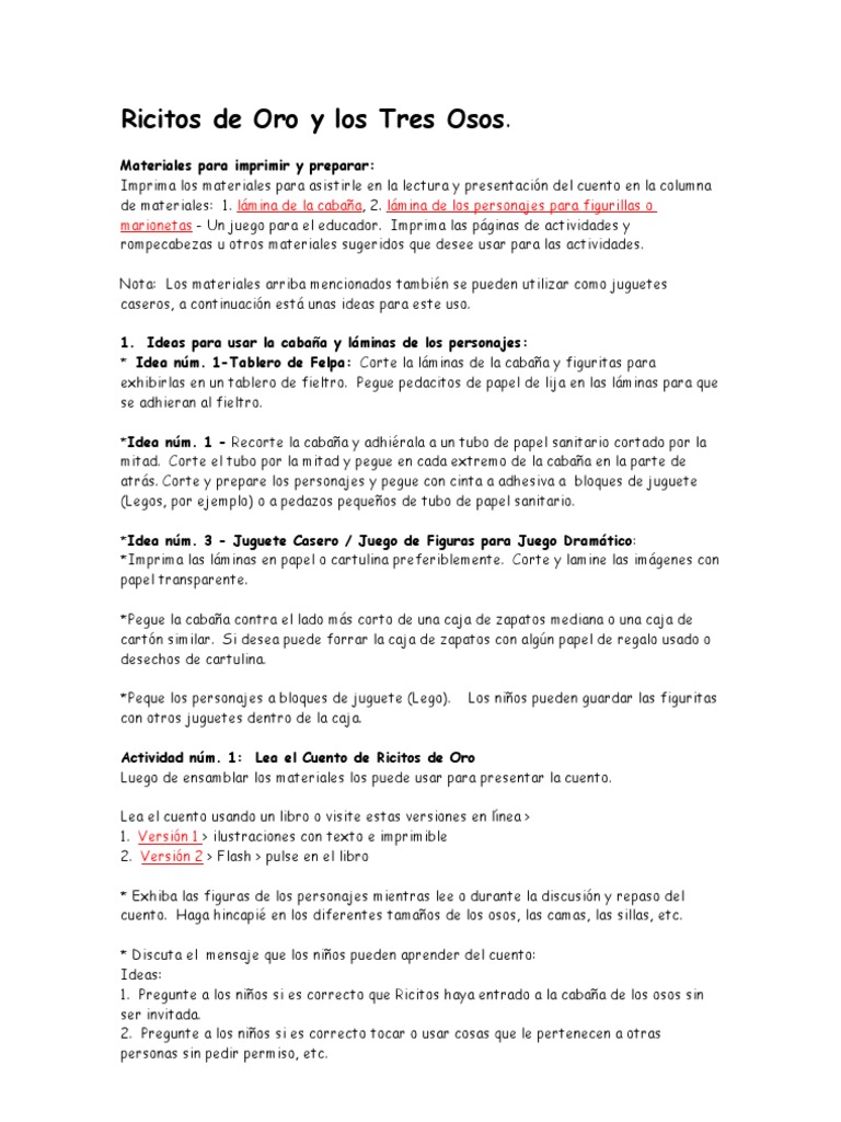 Actividades de Ricitos de Oro para Niños | PDF | Papel | Ocio