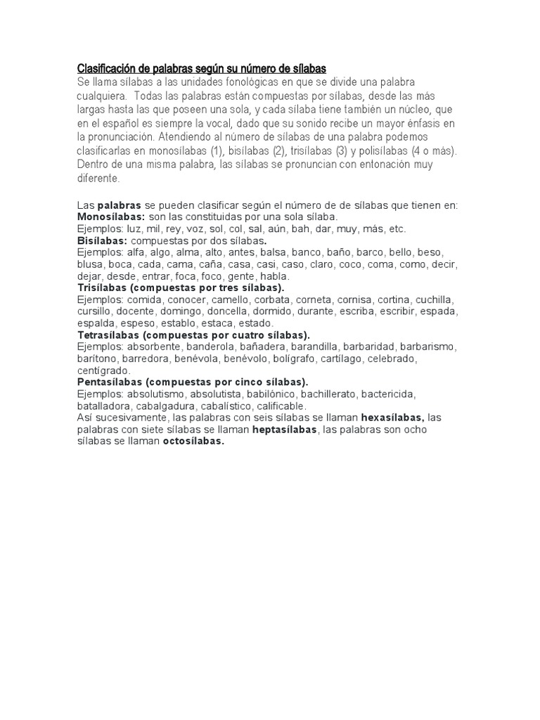 Clasificación de Palabras Según Su Número de Sílabas | PDF