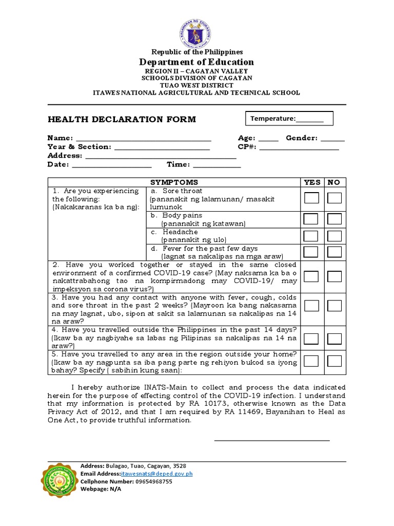 Department of Education: Health Declaration Form | PDF | Animal ...