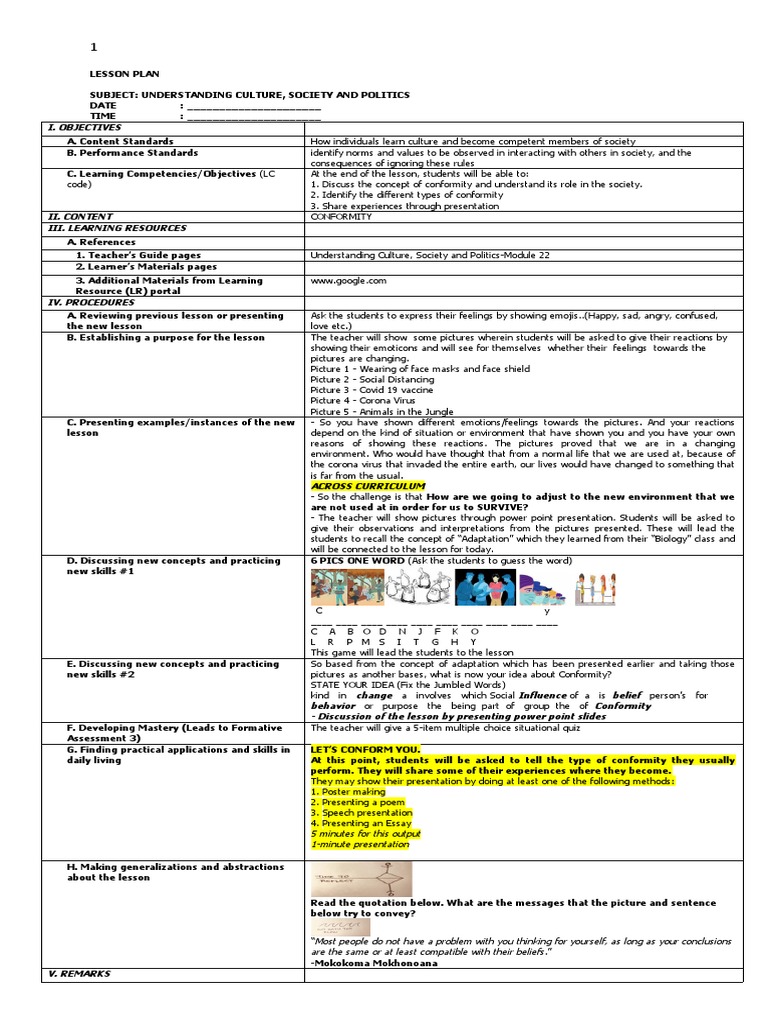 Lesson Plan-COT | PDF | Learning | Conformity