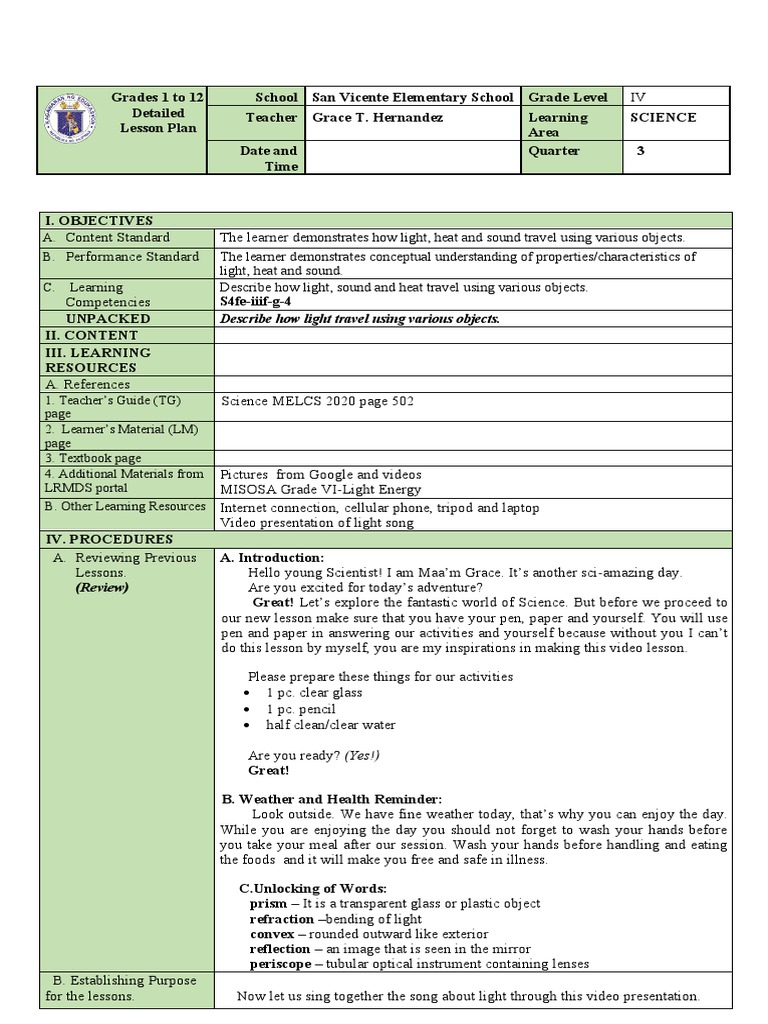 S4fe-Iiif-G-4: Describe How Light Travel Using Various Objects | PDF ...