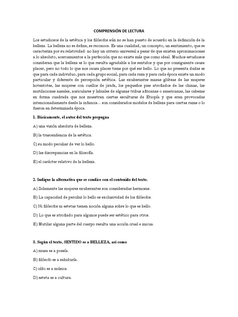 Comprensión de Lectura-La Belleza | PDF | Belleza | Estética