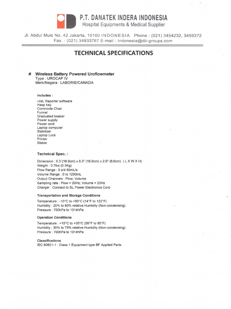 Technical Specifications - Urocap IV, LABORIE (Uroflowmeter) | PDF