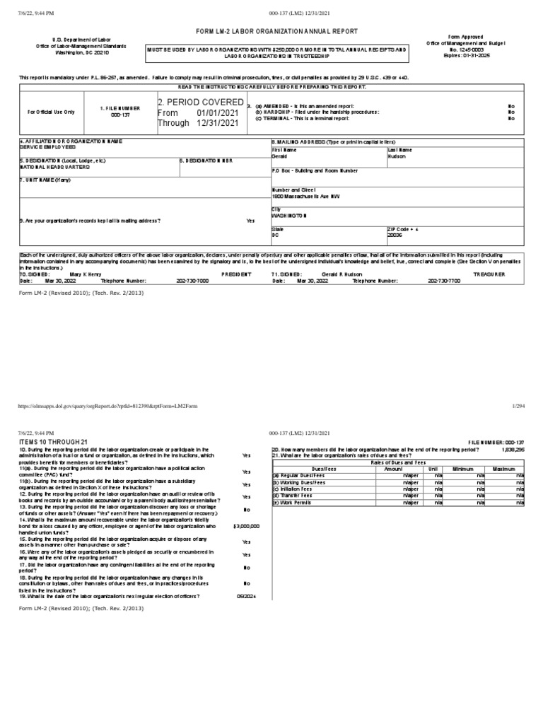 SEIU 2021 Financial Disclosures | PDF | Book Value | Loans