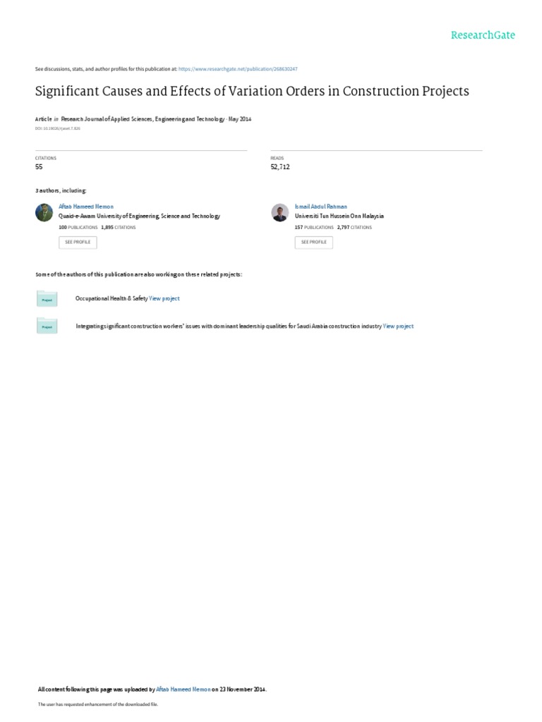 Significant Causes and Effects of Variation Orders in Construction ...