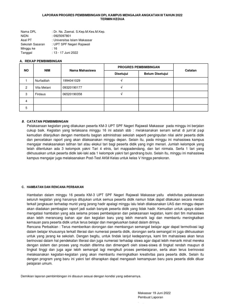 Laporan DPL Kampus Mengajar Termin 2 Minggu 16 | PDF
