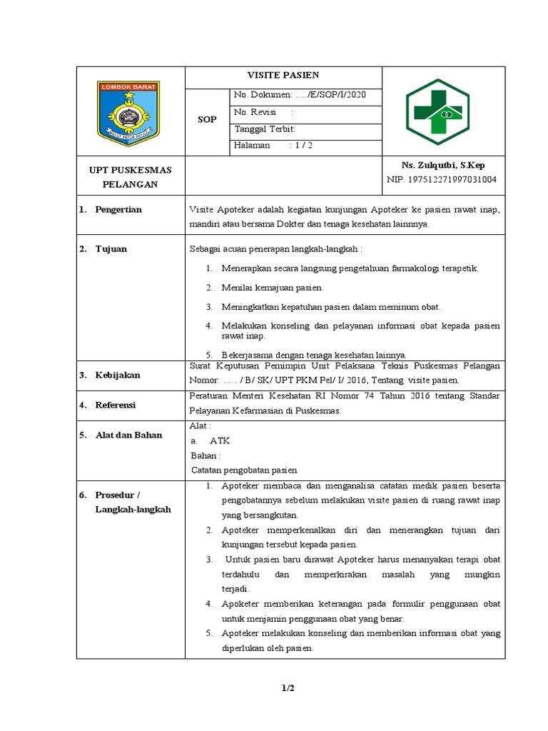 Prosedur Visite Pasien oleh Apoteker | PDF