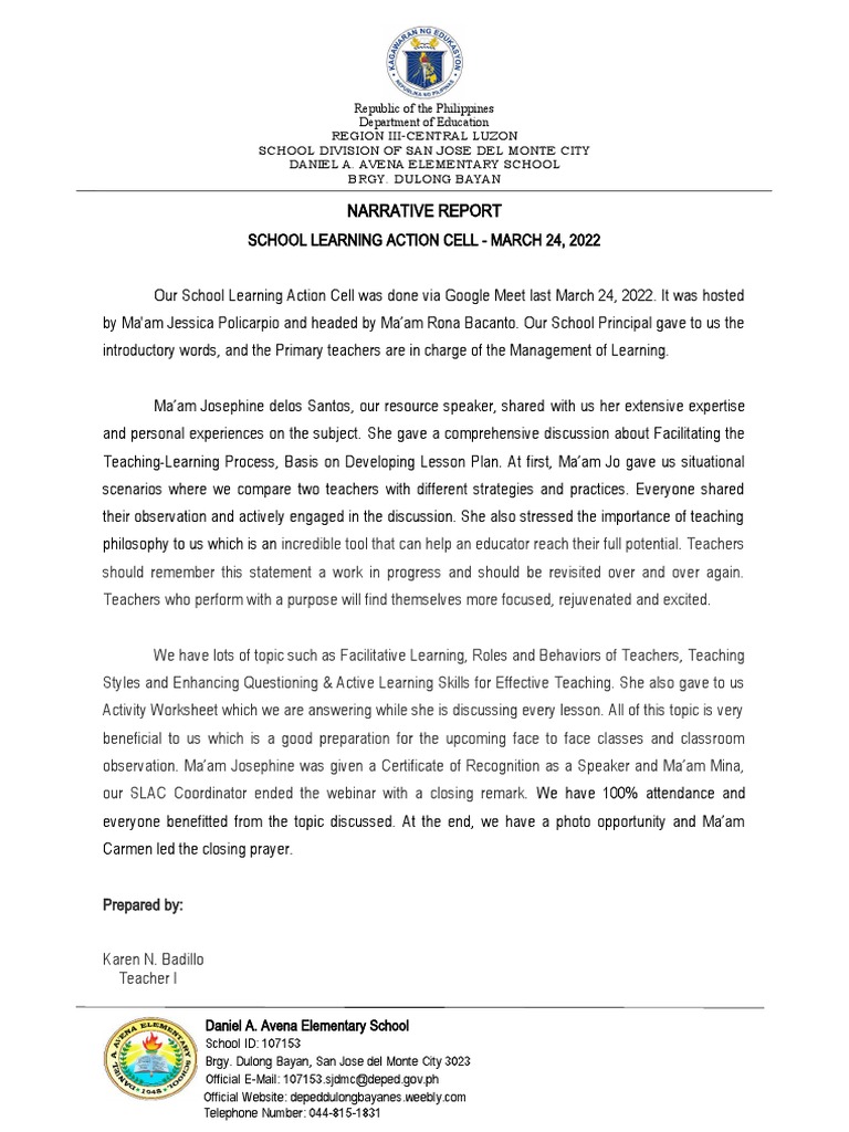 Slac Narrative Report | PDF | Teachers | Learning