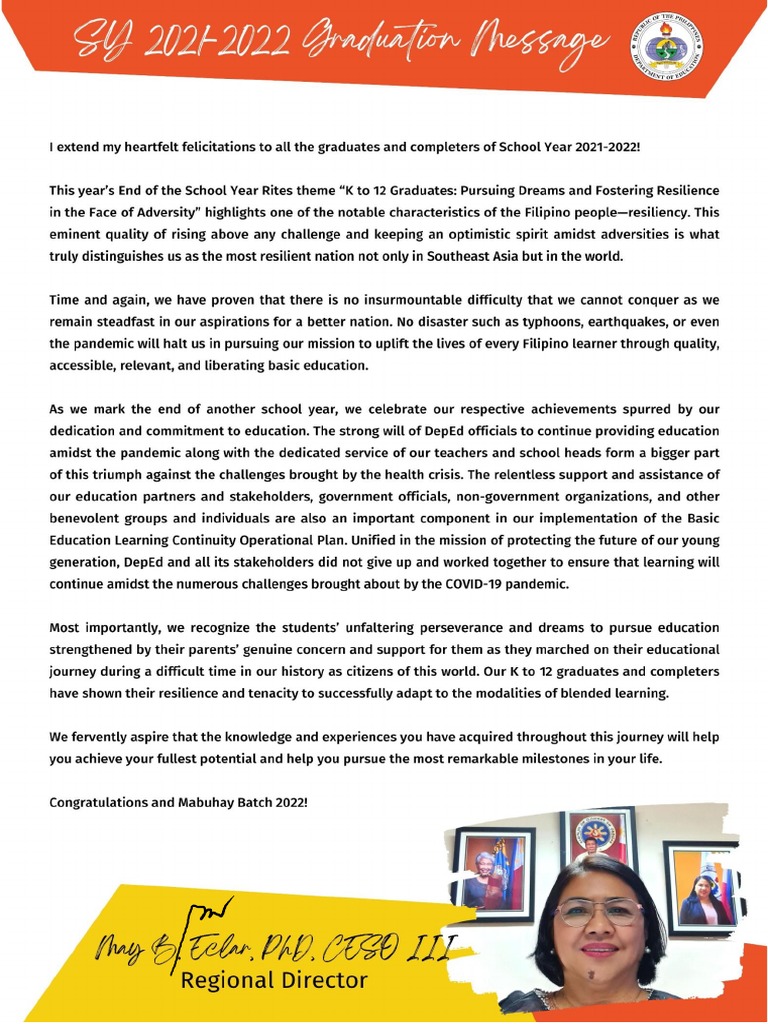 SY 2021-2022 Graduation Message of RD May B. Eclar, PHD, CESO III | PDF
