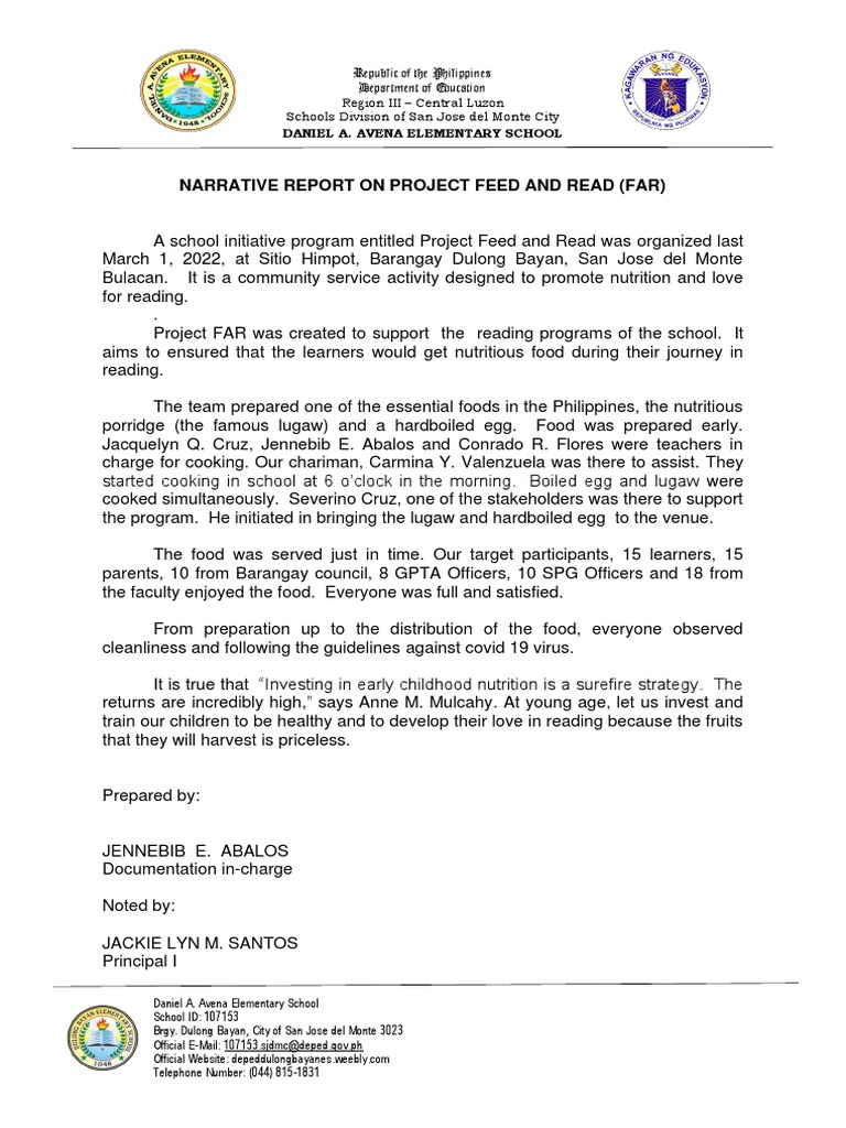 Narrative Report On Project Feed and Read (Far) : Daniel A. Avena ...