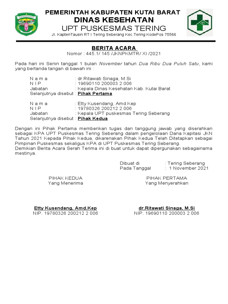 Contoh BERITA ACARA SERAH Terima Jabatan Puskesmas | PDF