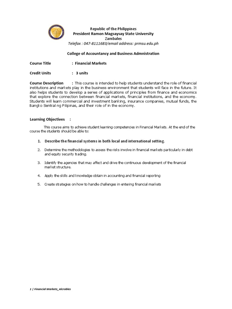 Financial Markets Course Overview | PDF | Financial Markets | Bonds ...