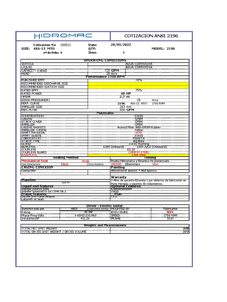 Hoja de Datos para Conjunto Motor-Acople-Bomba Ansi 2196 Watercol 4X6-13 Mto 200522 Agua ...
