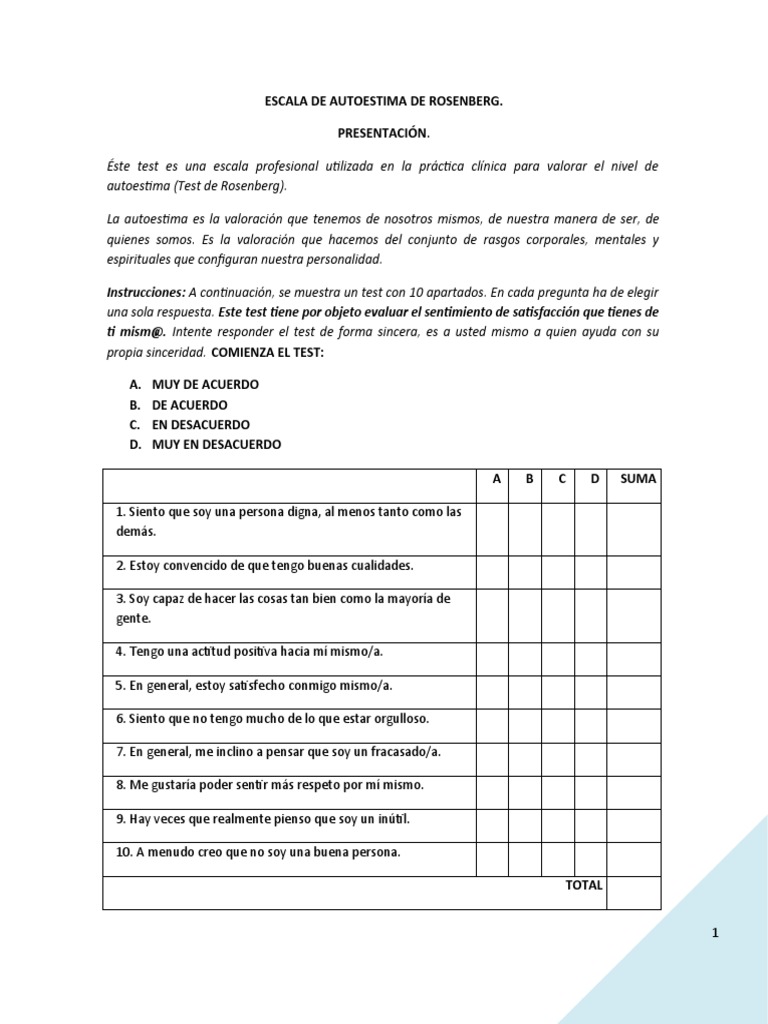 Escala de Autoestima de Rosenberg Con Interpretacion | PDF