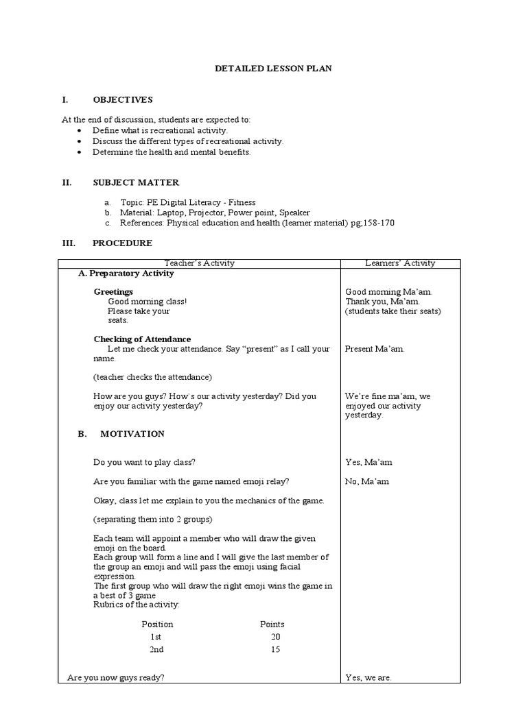 Detailed Lesson Plan | PDF | Recreation | Mental Health