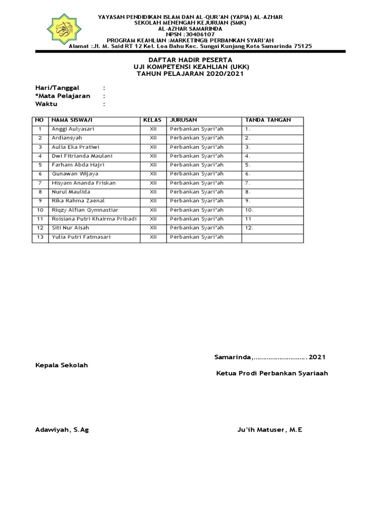 Absensi Us Peserta 2021 | PDF