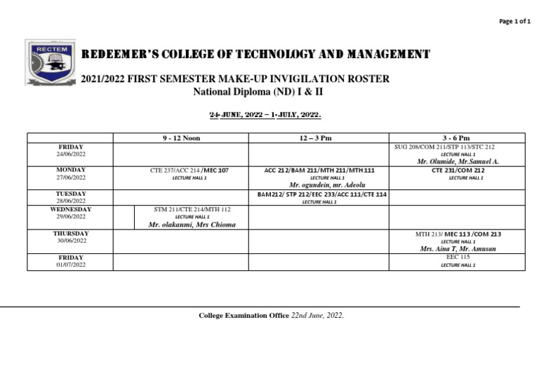 Make-Up Invigilation Roster | PDF