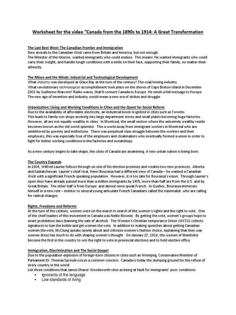 Canada’s Transformation: 1890-1914 | PDF | Canada