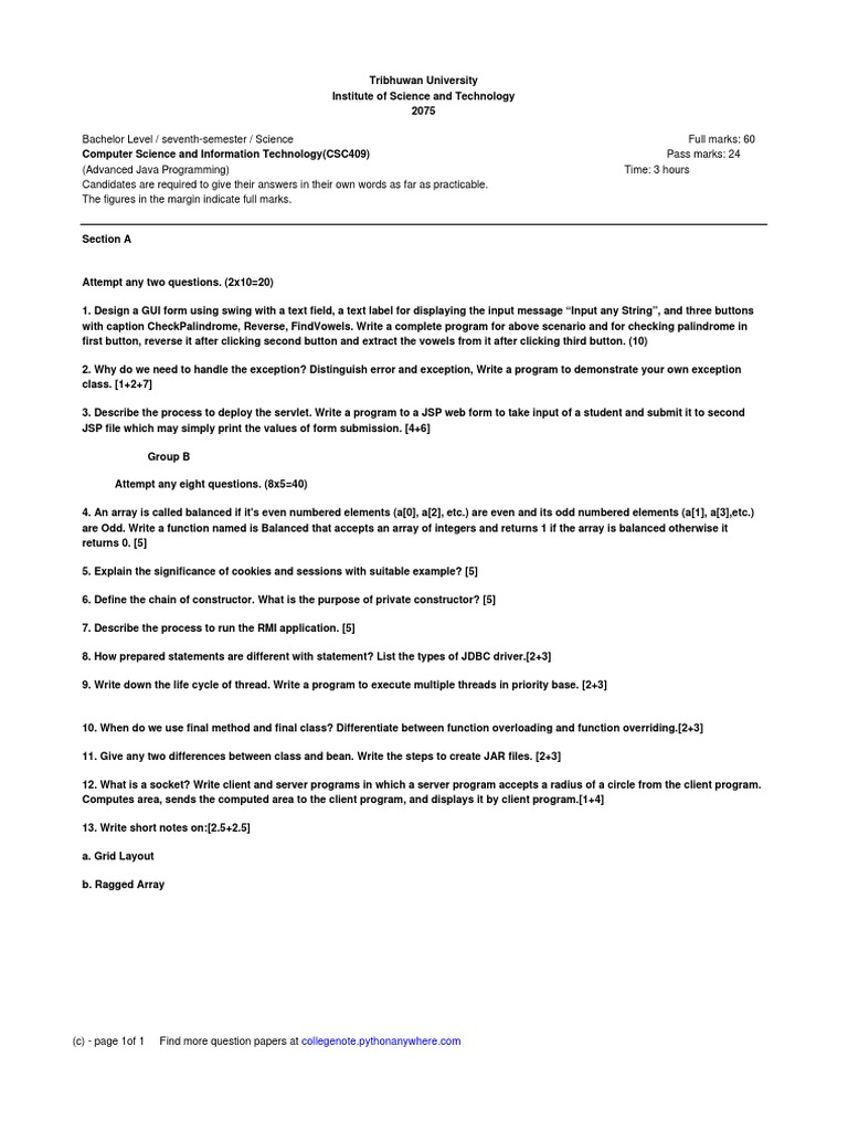 Advanced Java Programming 2075 Questionpaper Pdf Java Programming Language Client