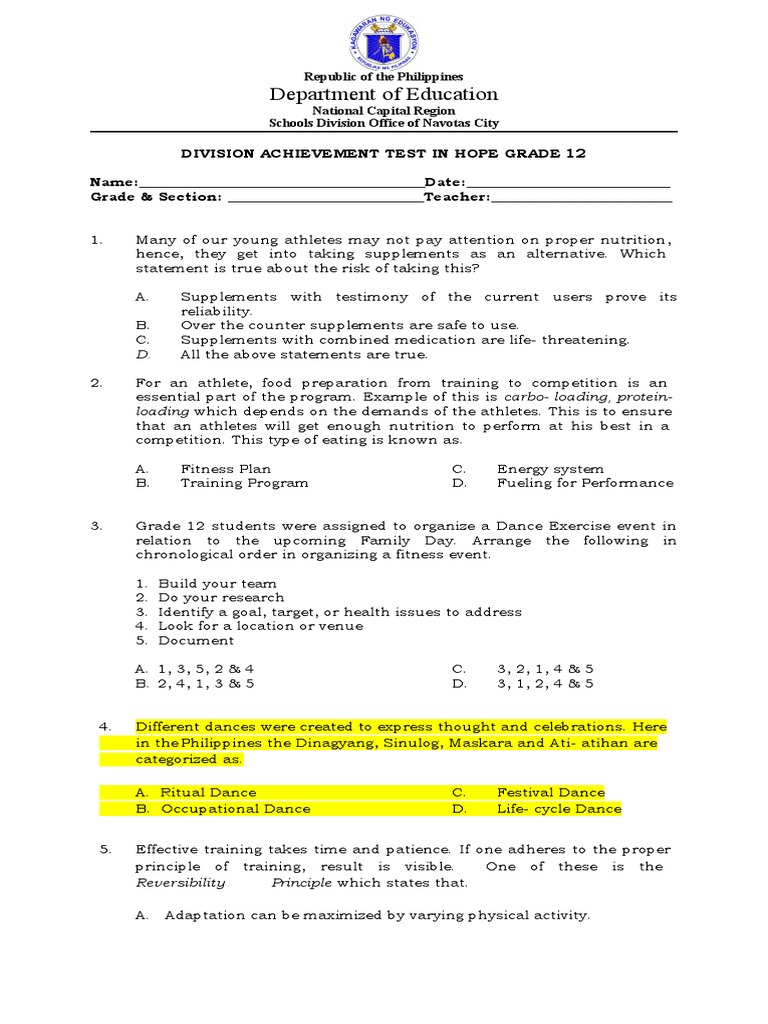 Division Achievement Test: HOPE Grade 12 | PDF | Relaxation (Psychology ...