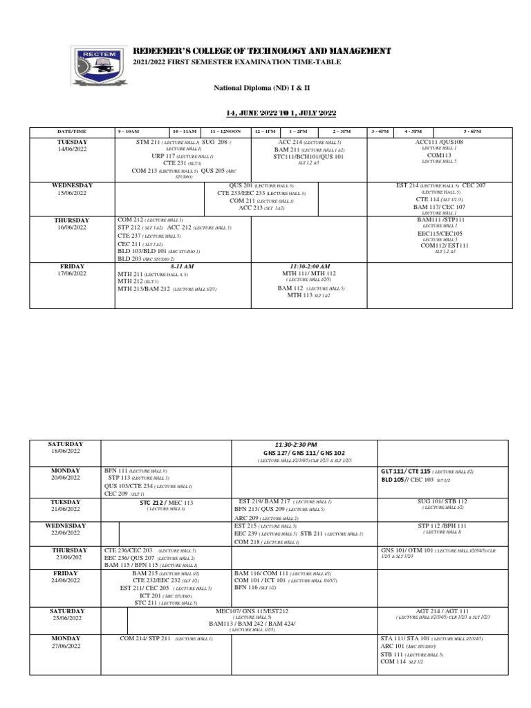 Updated Nd1 and Nd2 Examnation Time Table (First Semester 2021 - 2022 ...