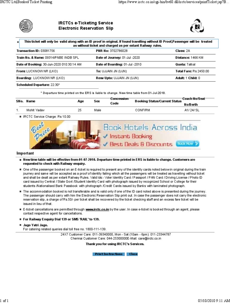 Irctc Sample Ticket Format | PDF | Identity Document | Transport