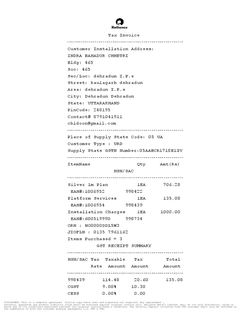 Jio Fiber Tax Invoice Template | PDF | Government Finances | Economies