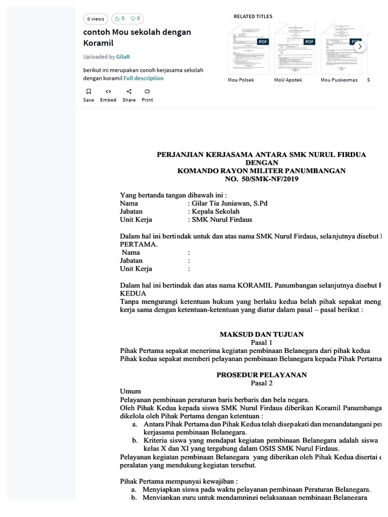 MoU Kerjasama Sekolah dan Koramil | PDF
