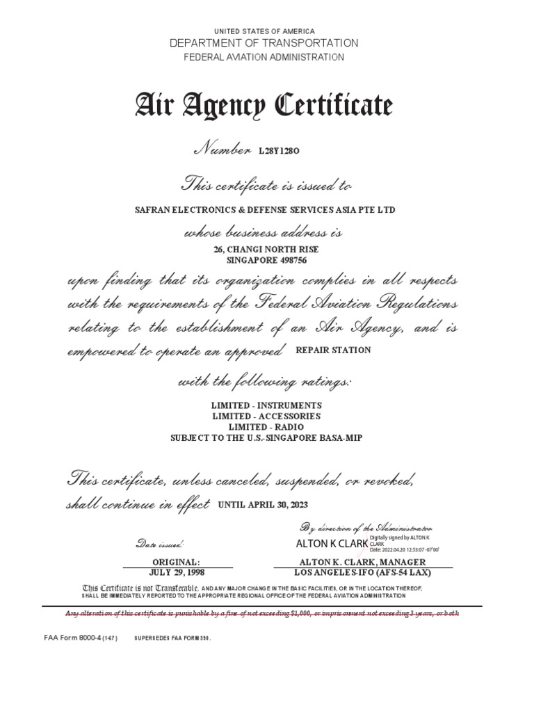 FAA Air Agency Certificate (Expiry 30 APR 2023) | PDF | Federal ...