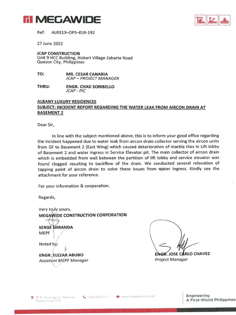 ALR313. OPS. 192 Incident Report Regarding The Water Leak From Aircon ...
