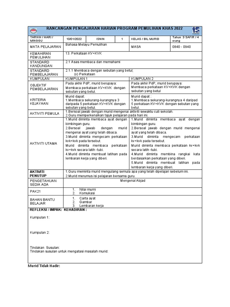 RPH Bahasa Melayu Pemulihan M2 17.1.2022-14.1.2022 | PDF