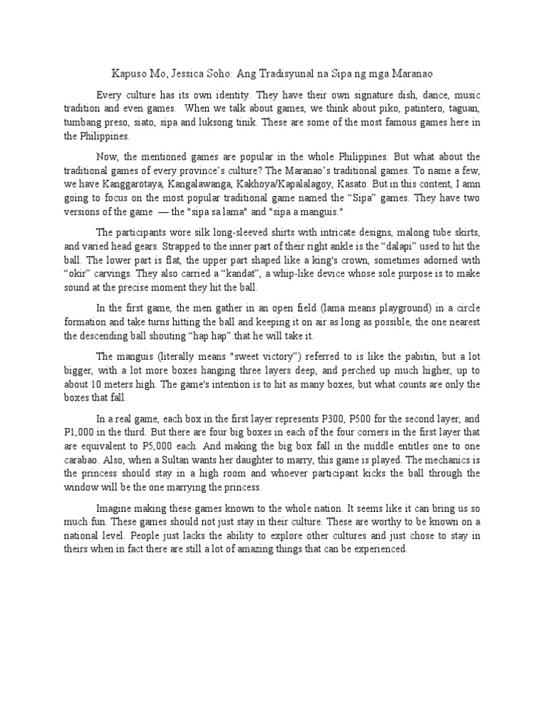 The Traditional Sipa Games of the Maranao People | PDF