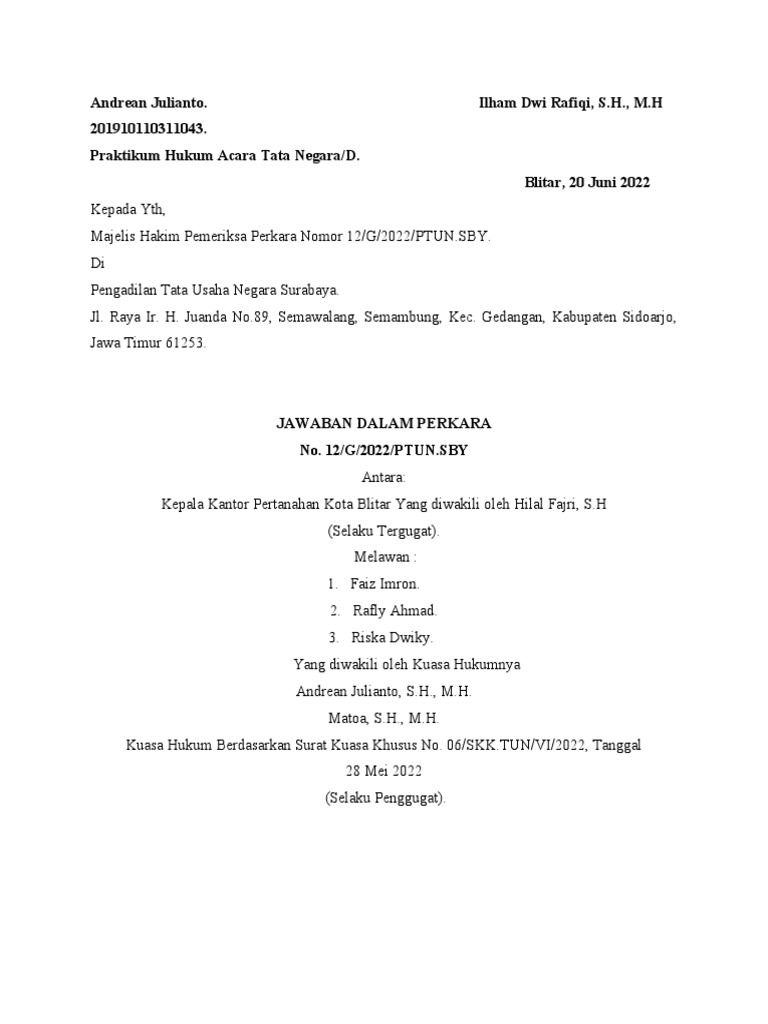 Contoh Replik Tergugat | PDF