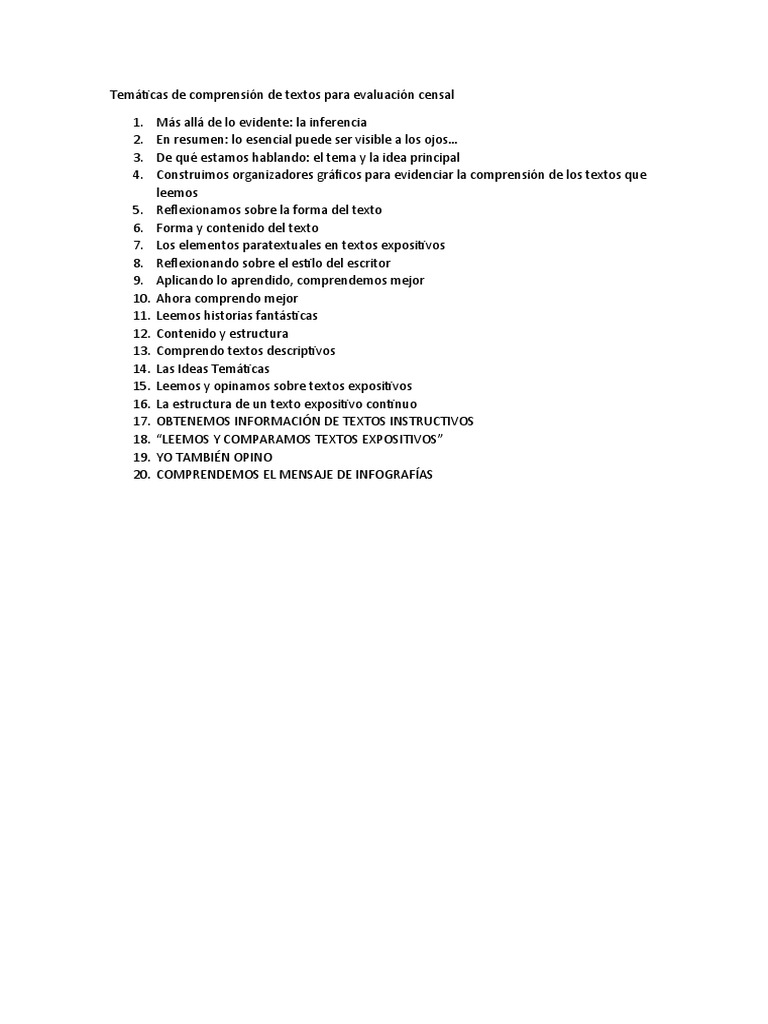Temáticas de Comprensión de Textos para Evaluación Censal | PDF
