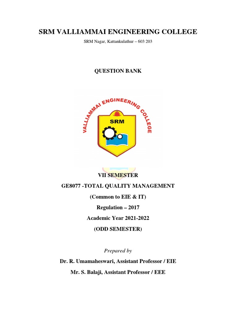 SRM Valliammai Engineering College: Question Bank | PDF | Quality ...