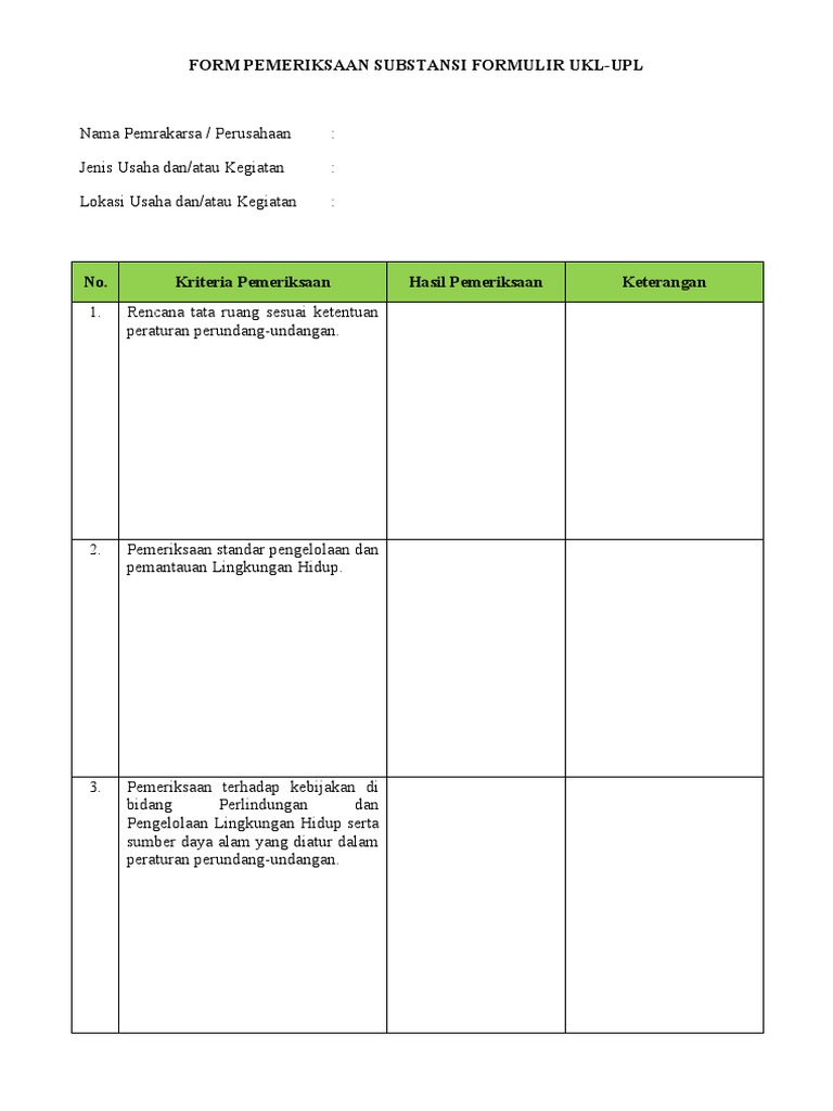 Form Pemeriksaan Substansi Formulir UKL-UPL PP 22 TH 2021 | PDF