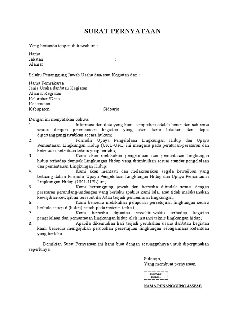 Surat Pernyataan UKL-UPL | PDF
